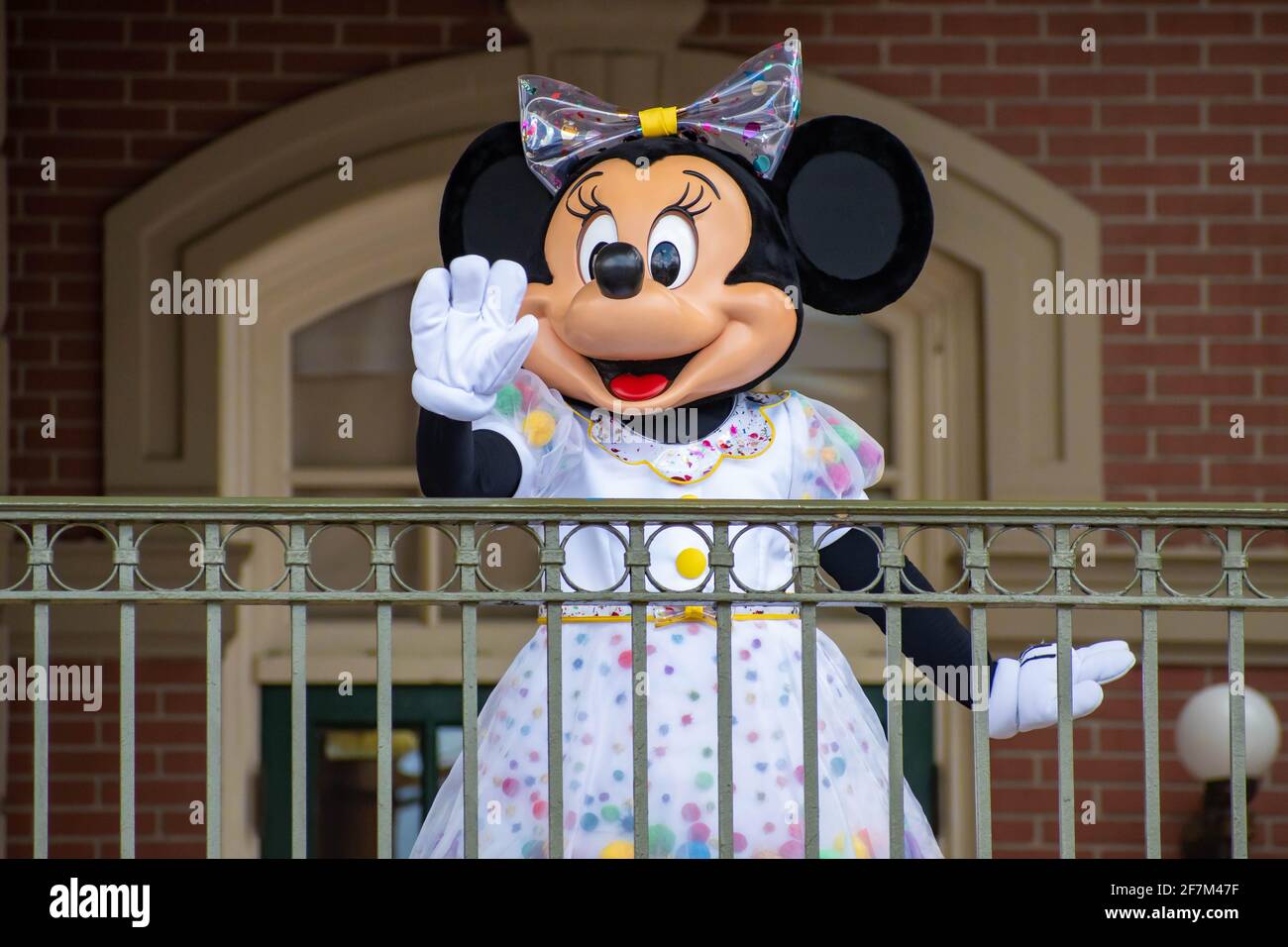 Orlando, Florida. August 04, 2020. Minnie Mouse waving from the balcony ...