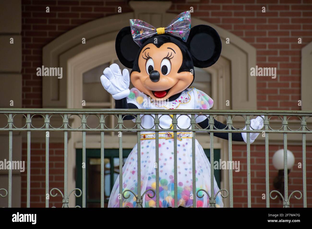 Orlando, Florida. August 04, 2020. Minnie Mouse waving from the balcony ...