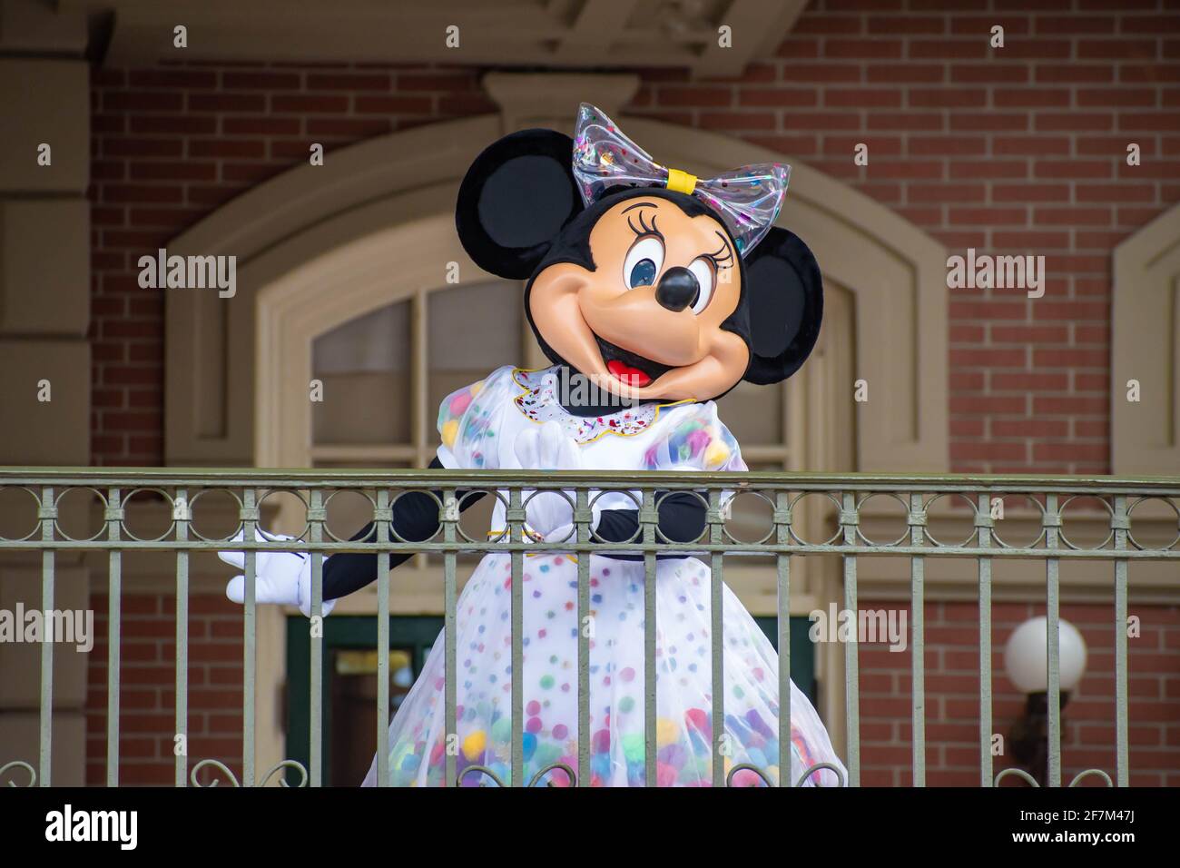 Orlando, Florida. August 04, 2020. Minnie Mouse waving from the balcony ...