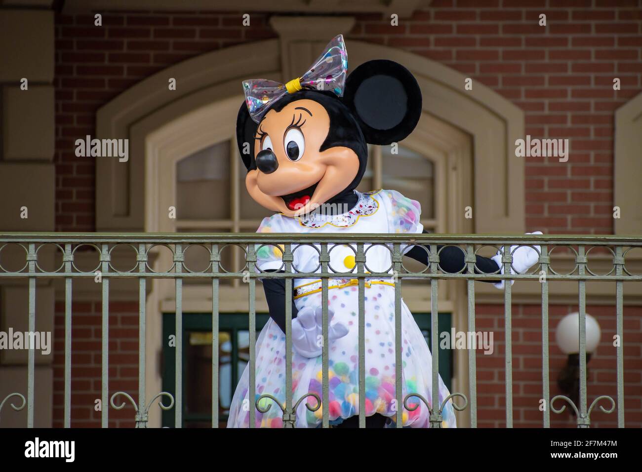 Orlando, Florida. August 04, 2020. Minnie Mouse waving from the balcony ...