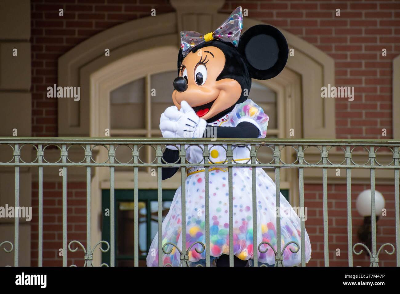 Orlando, Florida. August 04, 2020. Minnie Mouse waving from the balcony ...