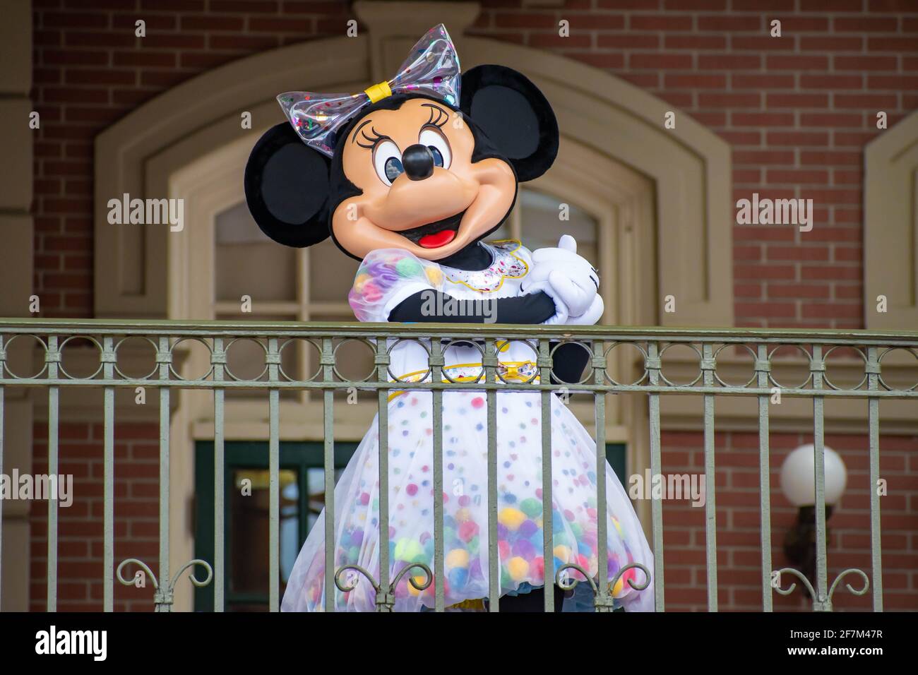 Orlando, Florida. August 04, 2020. Minnie Mouse waving from the balcony ...