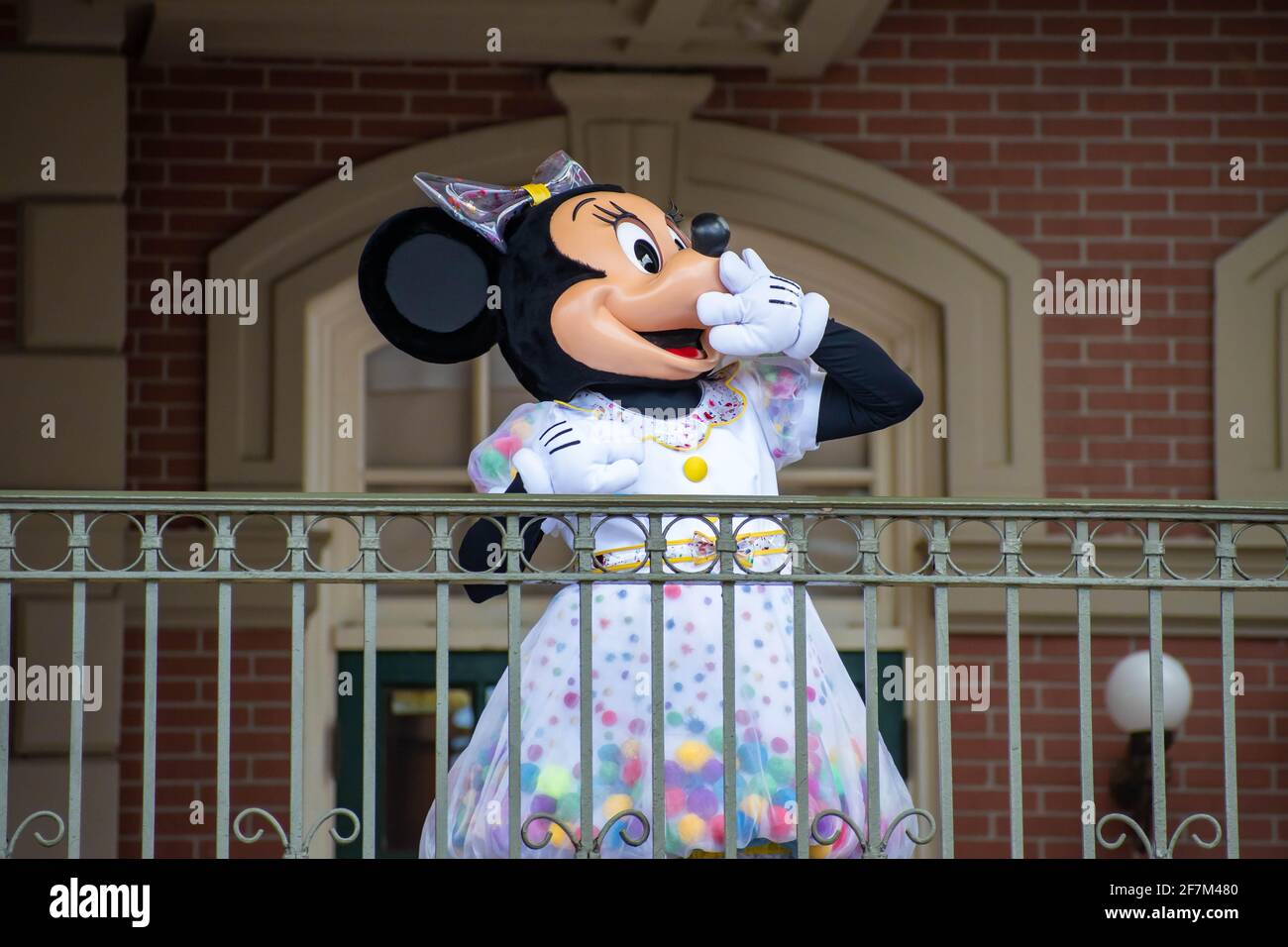 Orlando, Florida. August 04, 2020. Minnie Mouse waving from the balcony ...