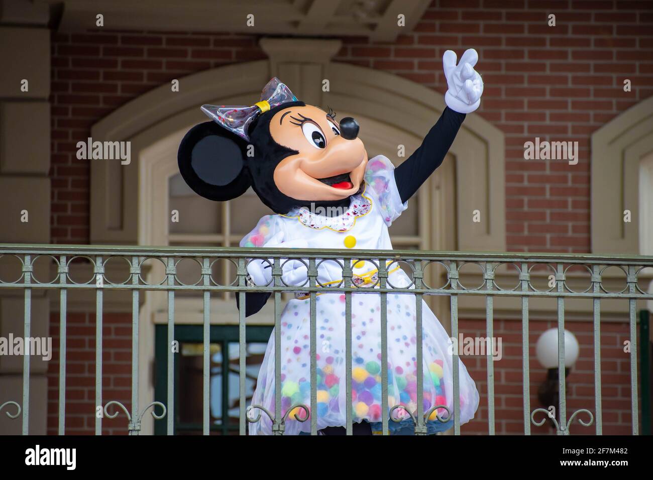 Orlando, Florida. August 04, 2020. Minnie Mouse waving from the balcony ...