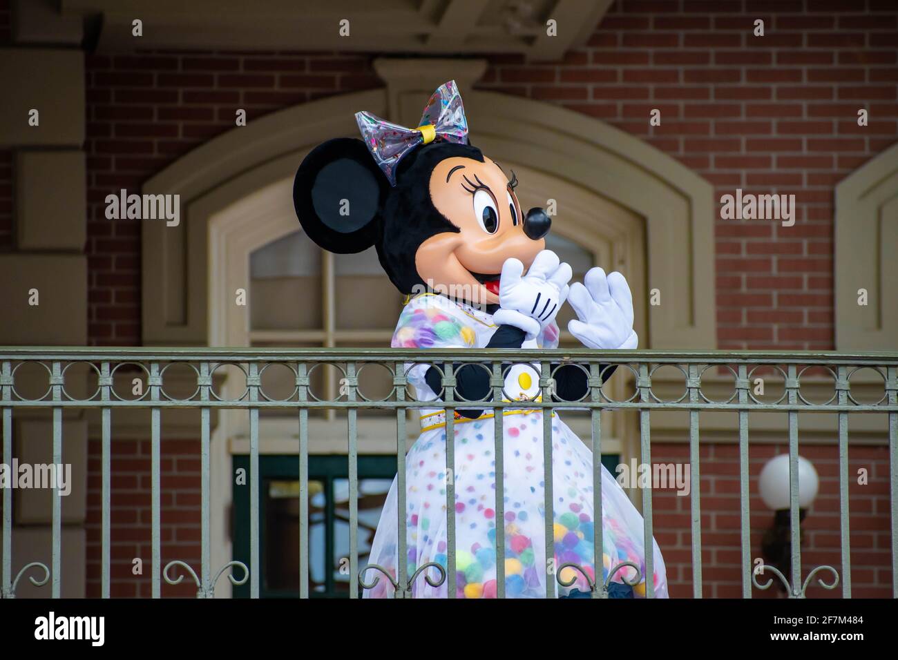 Orlando, Florida. August 04, 2020. Minnie Mouse waving from the balcony ...