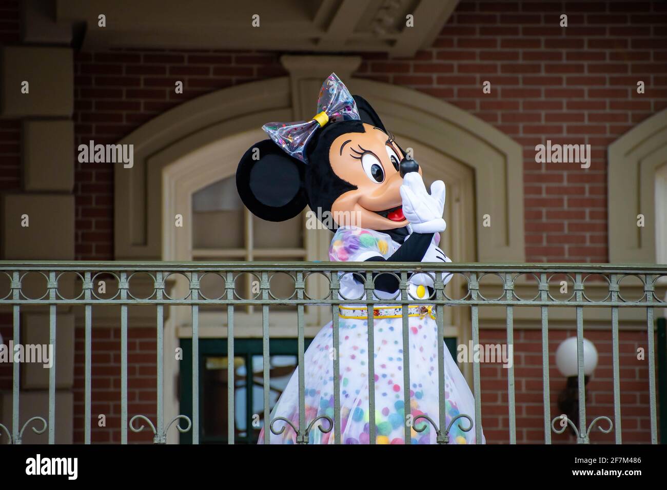 Orlando, Florida. August 04, 2020. Minnie Mouse waving from the balcony ...