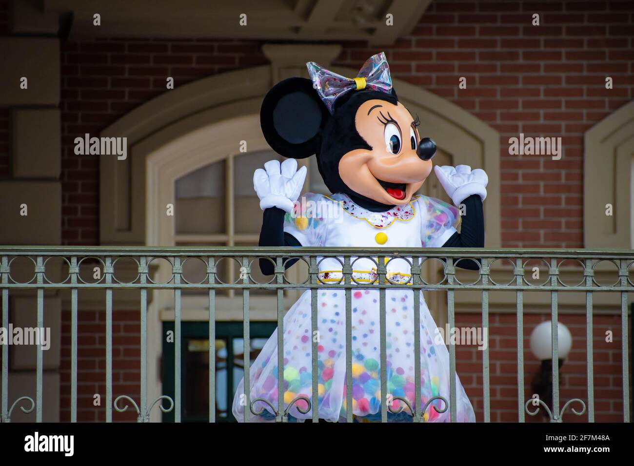 Orlando, Florida. August 04, 2020. Minnie Mouse waving from the balcony ...