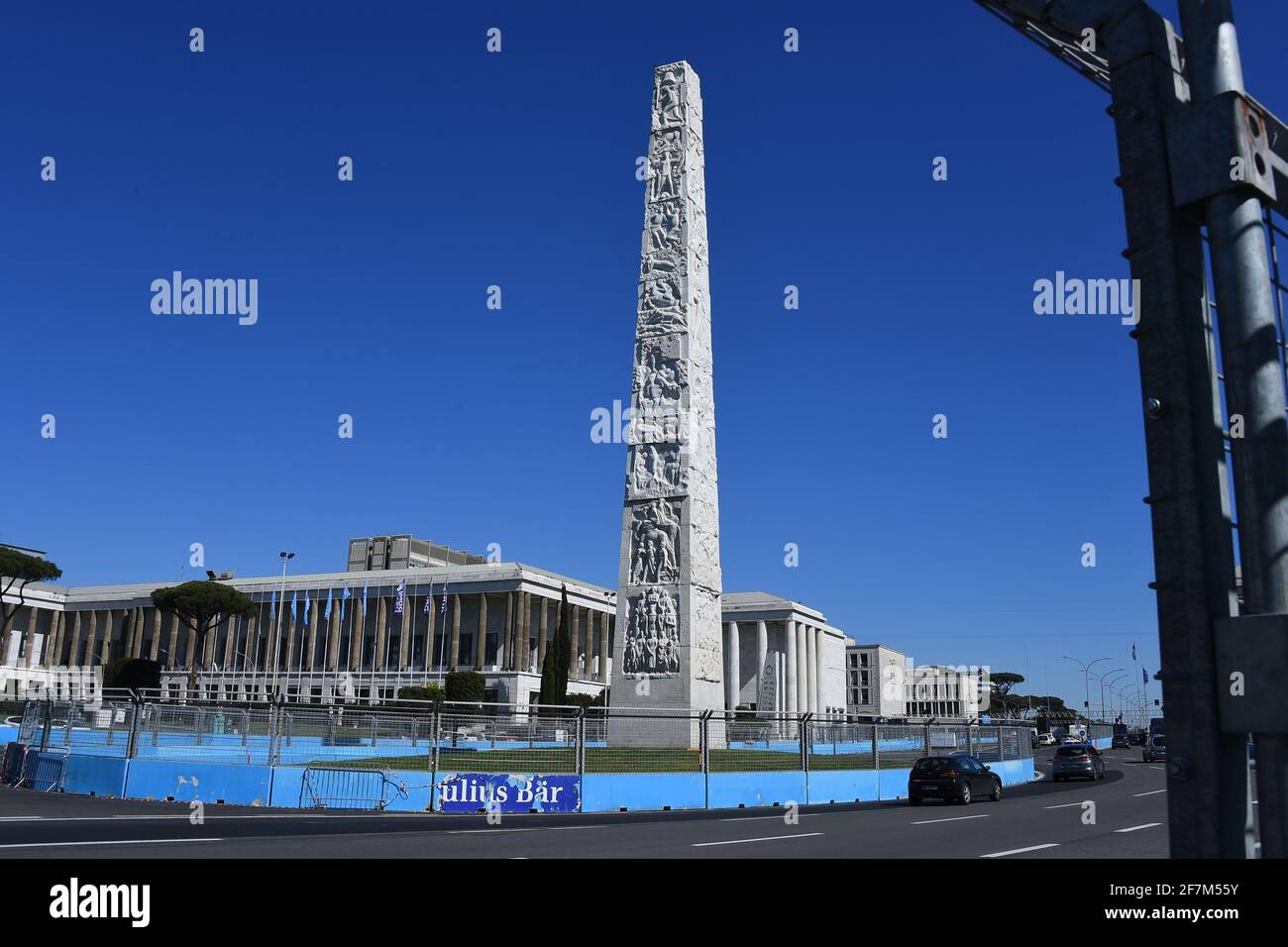 Rome, Italy, 8 April, 2021 The Marconi obelisk, or EUR obelisk located ...