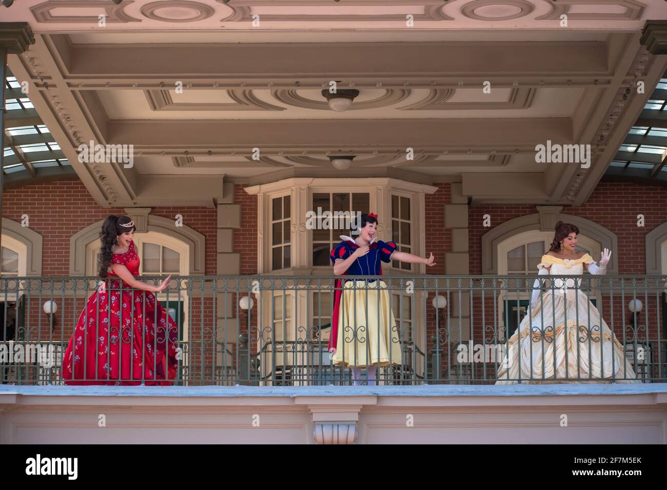 Orlando, Florida. August 04, 2020. Princesses waving from the balcony ...