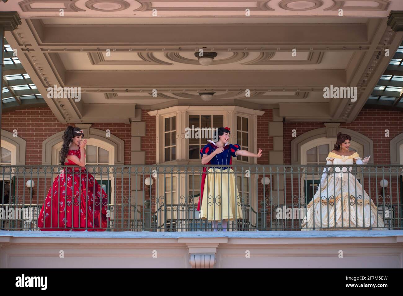 Orlando, Florida. August 04, 2020. Princesses waving from the balcony ...