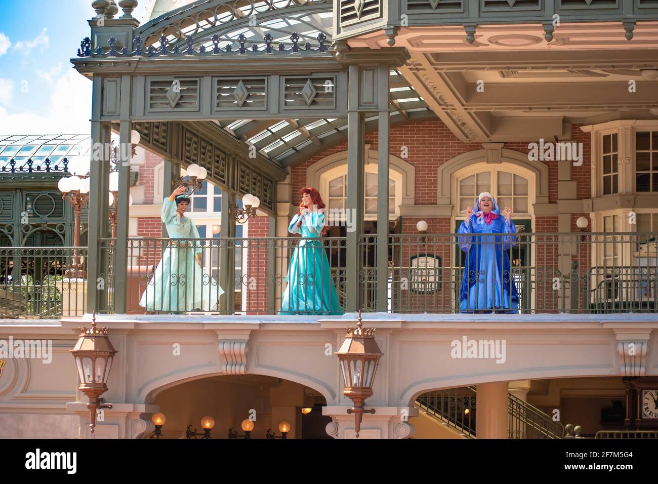 Orlando, Florida. August 04, 2020. Princesses waving from the balcony ...