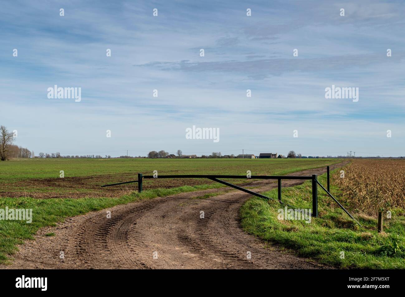 A metal gate or barrier across a remote and isolated farm track in flat ...