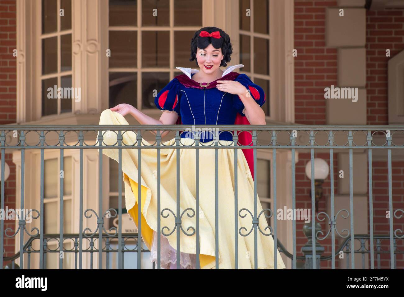Orlando, Florida. August 04, 2020. Snow White waving from the balcony ...