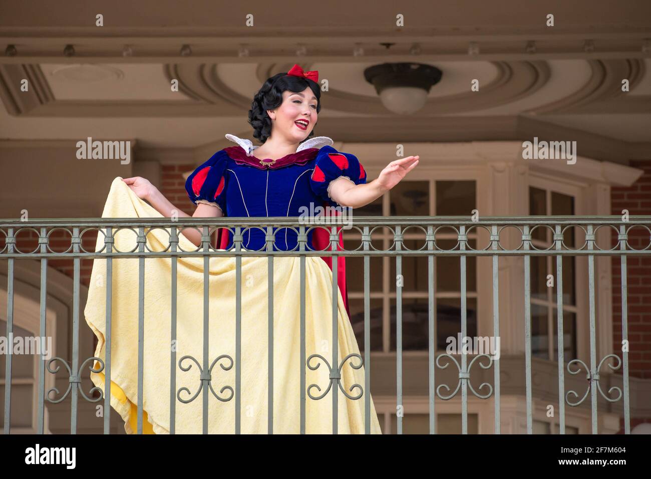 Orlando, Florida. August 04, 2020. Snow White waving from the balcony ...