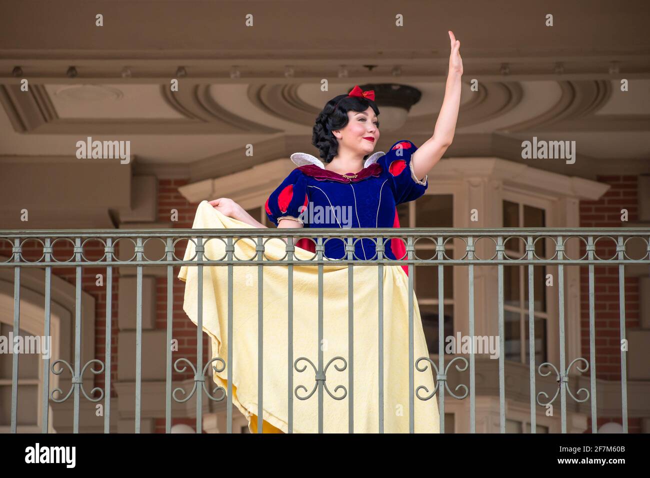 Orlando, Florida. August 04, 2020. Snow White waving from the balcony ...
