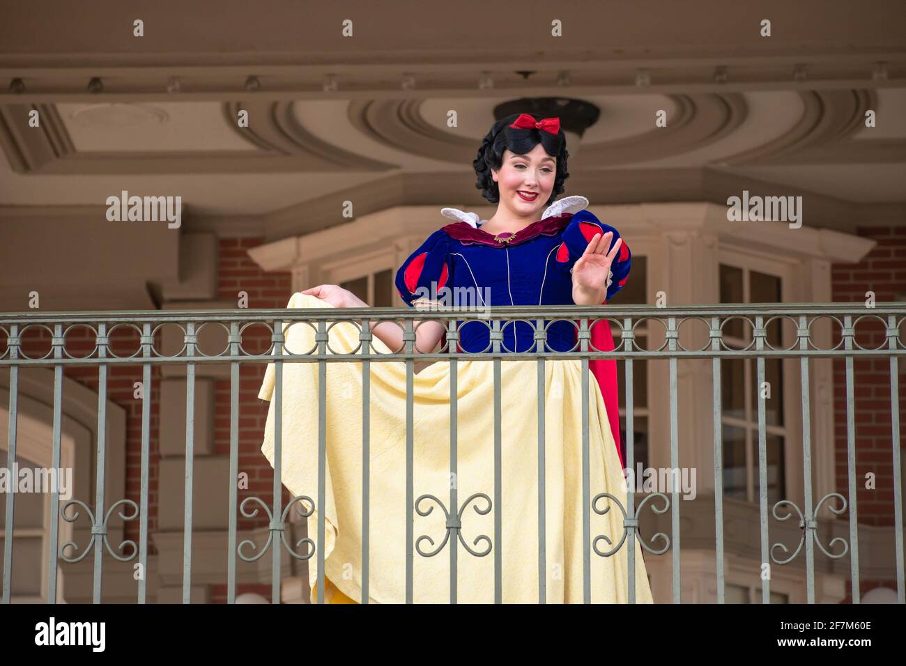 Orlando, Florida. August 04, 2020. Snow White waving from the balcony ...