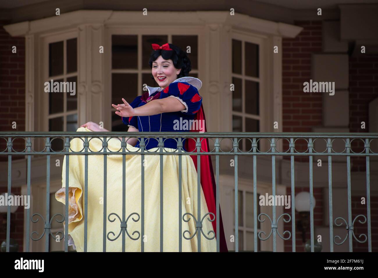 Orlando, Florida. August 04, 2020. Snow White waving from the balcony ...