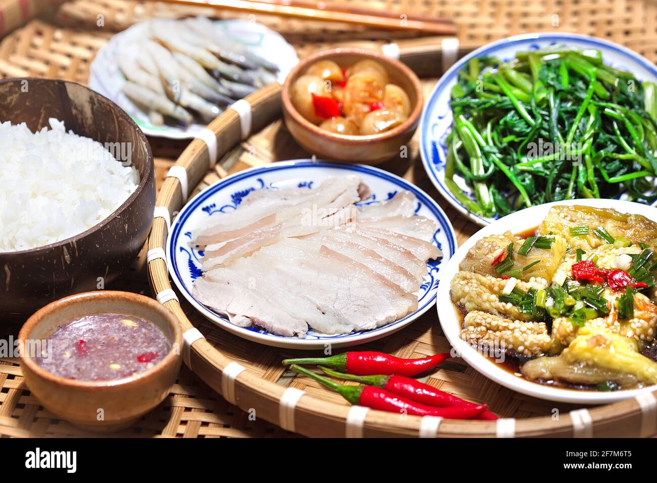 Vietnamese family lunch set with boiled pork slices use with shrimp ...