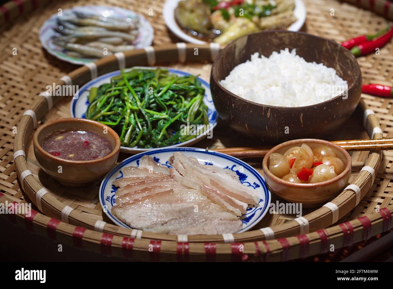 Vietnamese family lunch set with boiled pork slices use with shrimp ...
