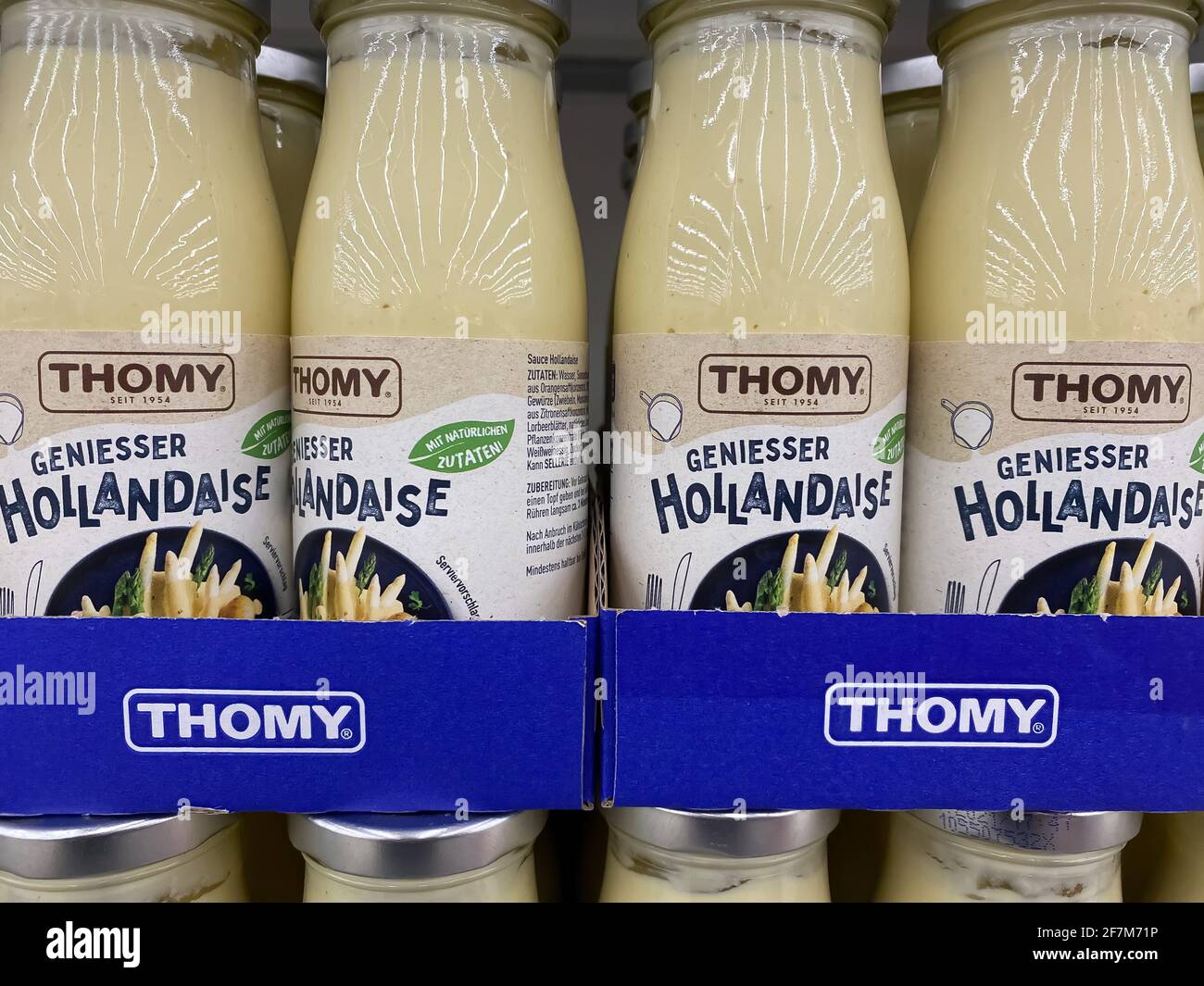 Viersen, Germany - March 1. 2021: Closeup of sauce hollondaise bottles ...