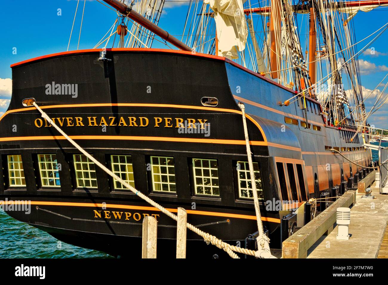 Stern view of the tall ship Oliver Hazard Perry, docked at Fort Adams ...