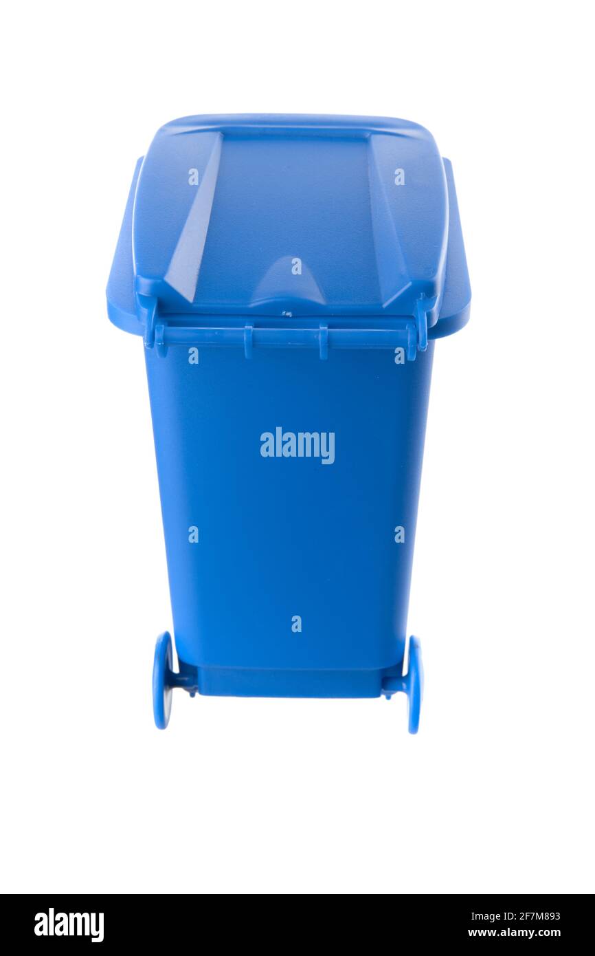 Plastic blue trash can isolated on white background Stock Photo - Alamy