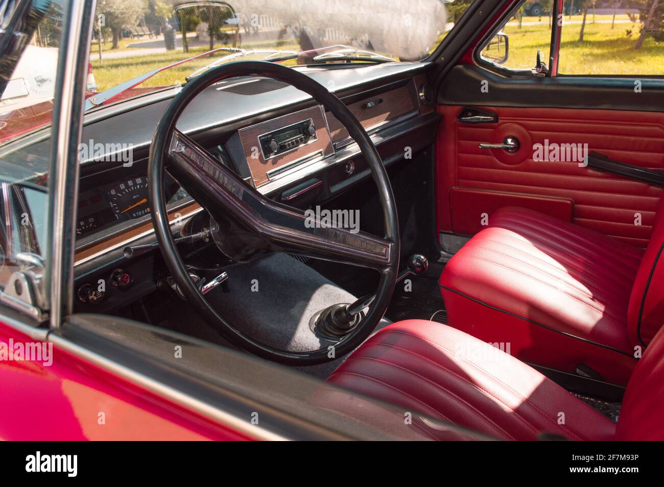 retro car interior shooting from the inside retro steering wheel Stock ...