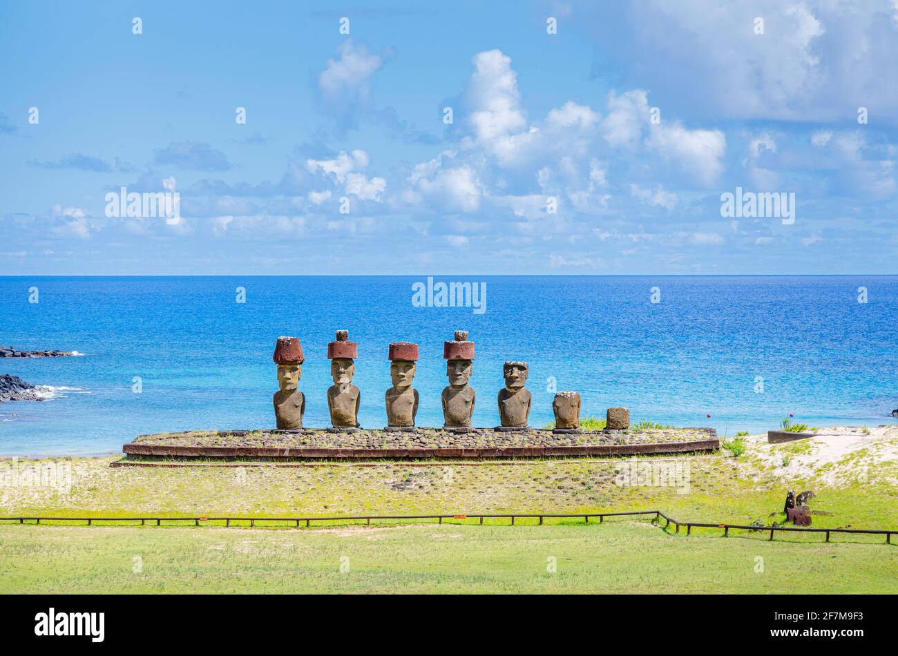 The 7 moai on Ahu Noa-Nao on facing away from the Pacific Ocean on ...