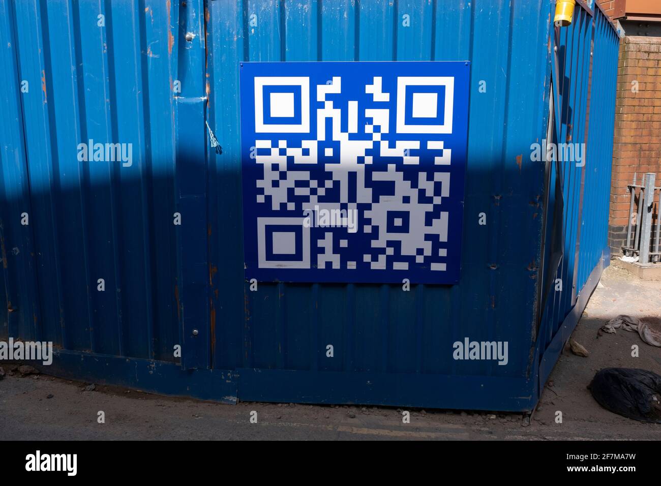 Blue QR code on a construction site hoarding on 30th March 2021 in ...
