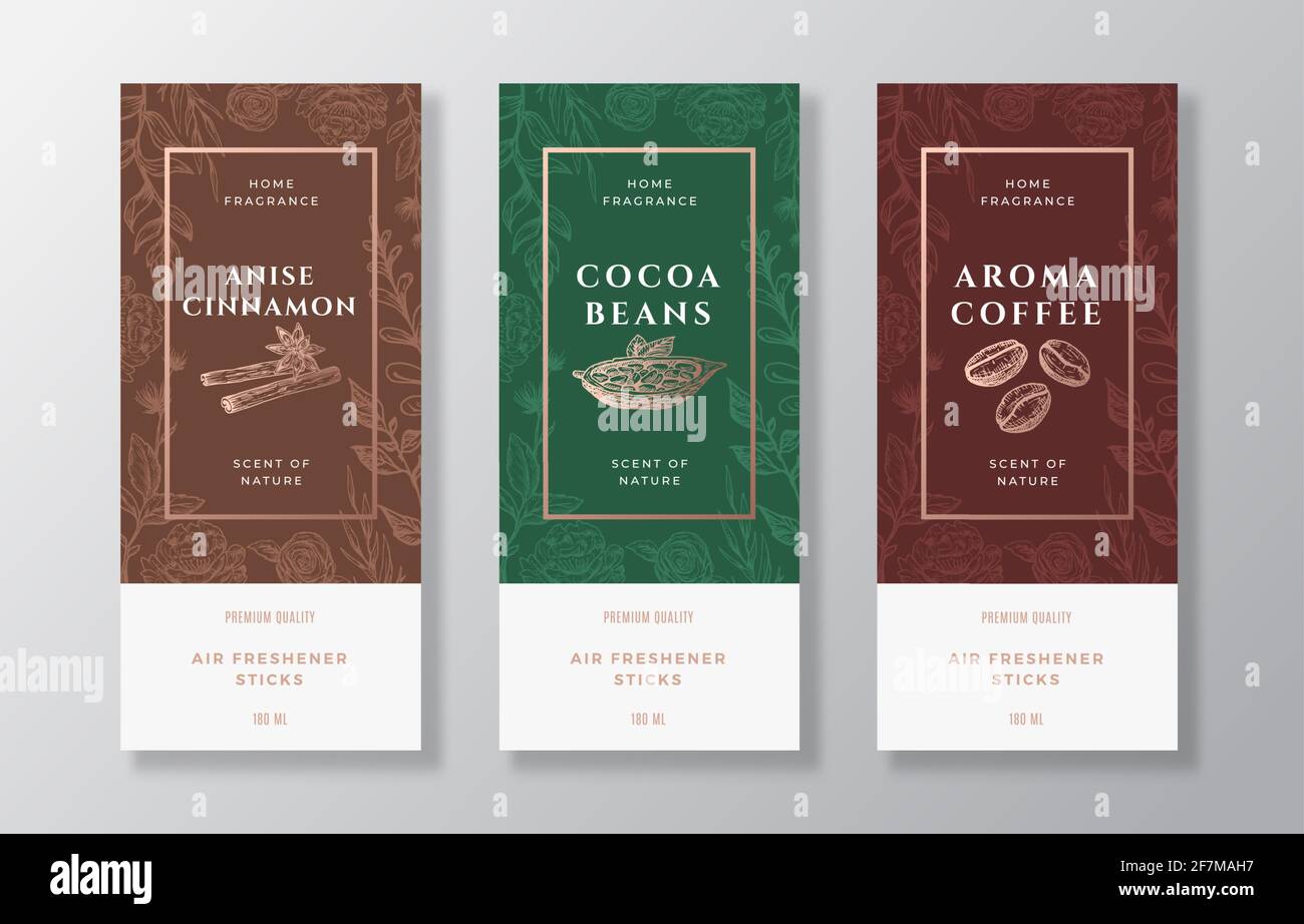 Home Fragrance Vector Label Templates Set. Hand Drawn Sketch Cinnamon ...