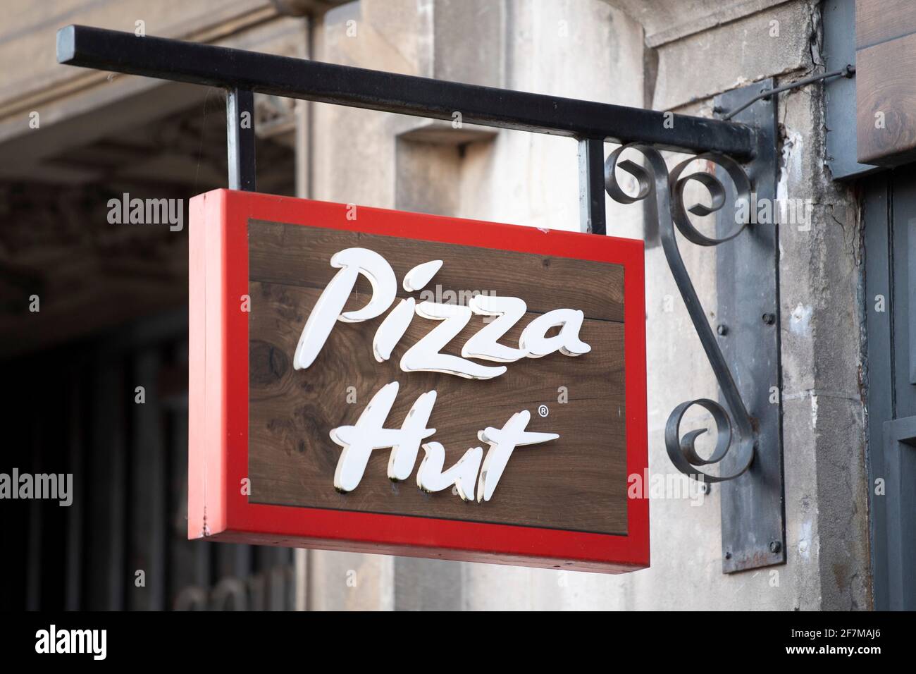 A close-up of a Pizza Hut sign in Bristol, England, United Kingdom ...