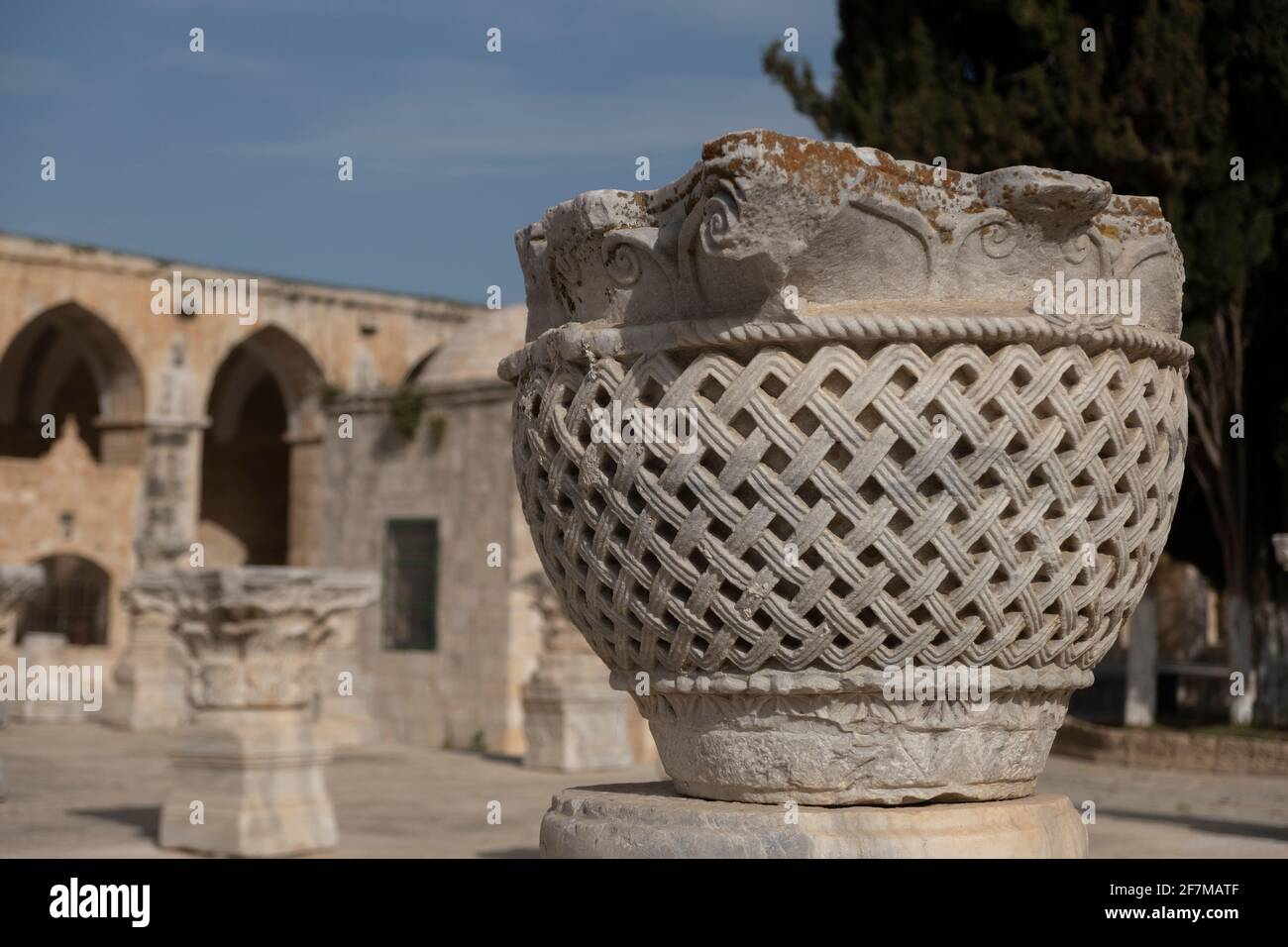 Remains of Corinthian columns and capitals placed outside the Islamic ...