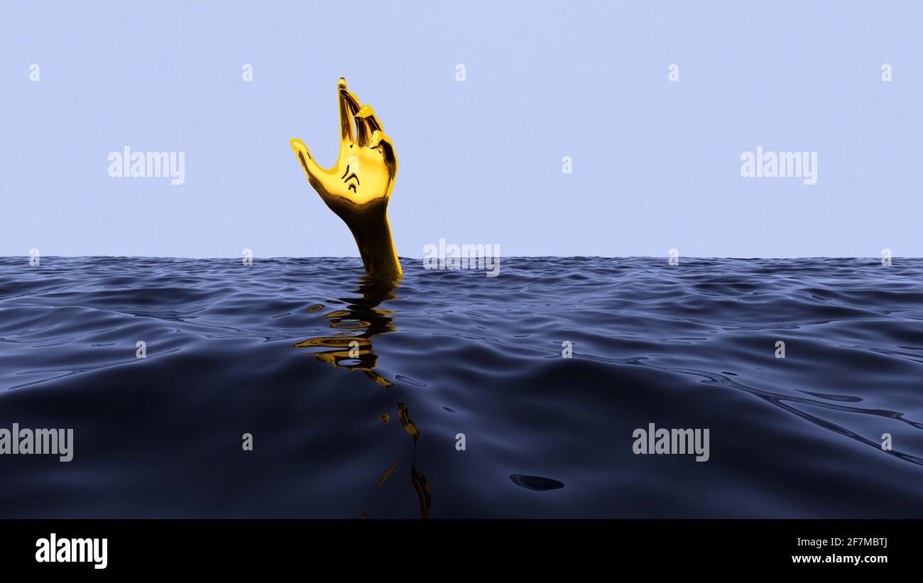 Surreal vaporwave concept with golden hand gesturing from underwater ...