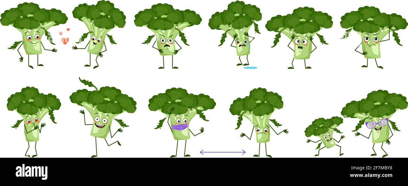 Set of cute broccoli characters with emotions, faces, arms and legs ...
