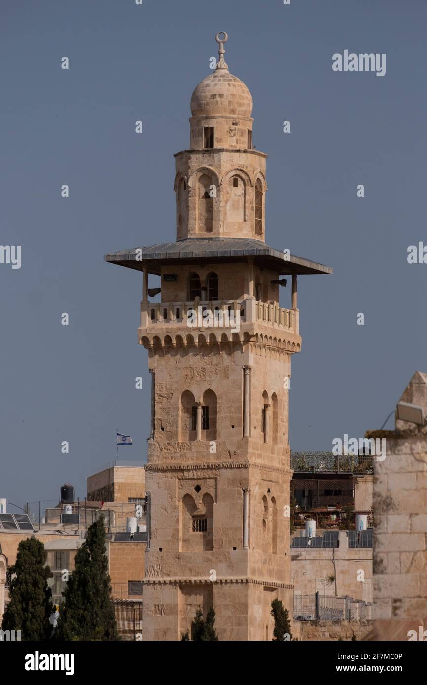 View of the 12th century Ghawanima minaret (Bani Ghanim Minaret) one of ...