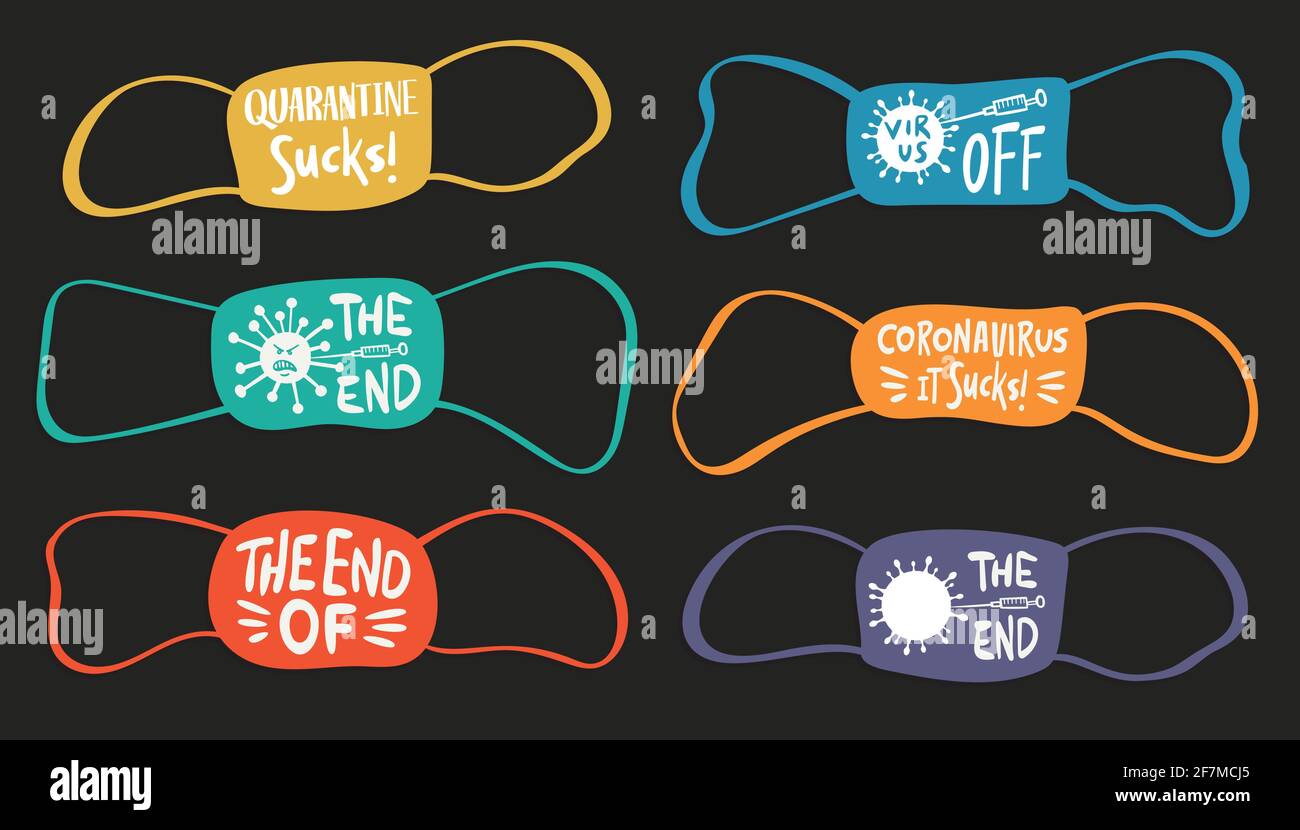 Set of masks in different colors with hand lettering details ...