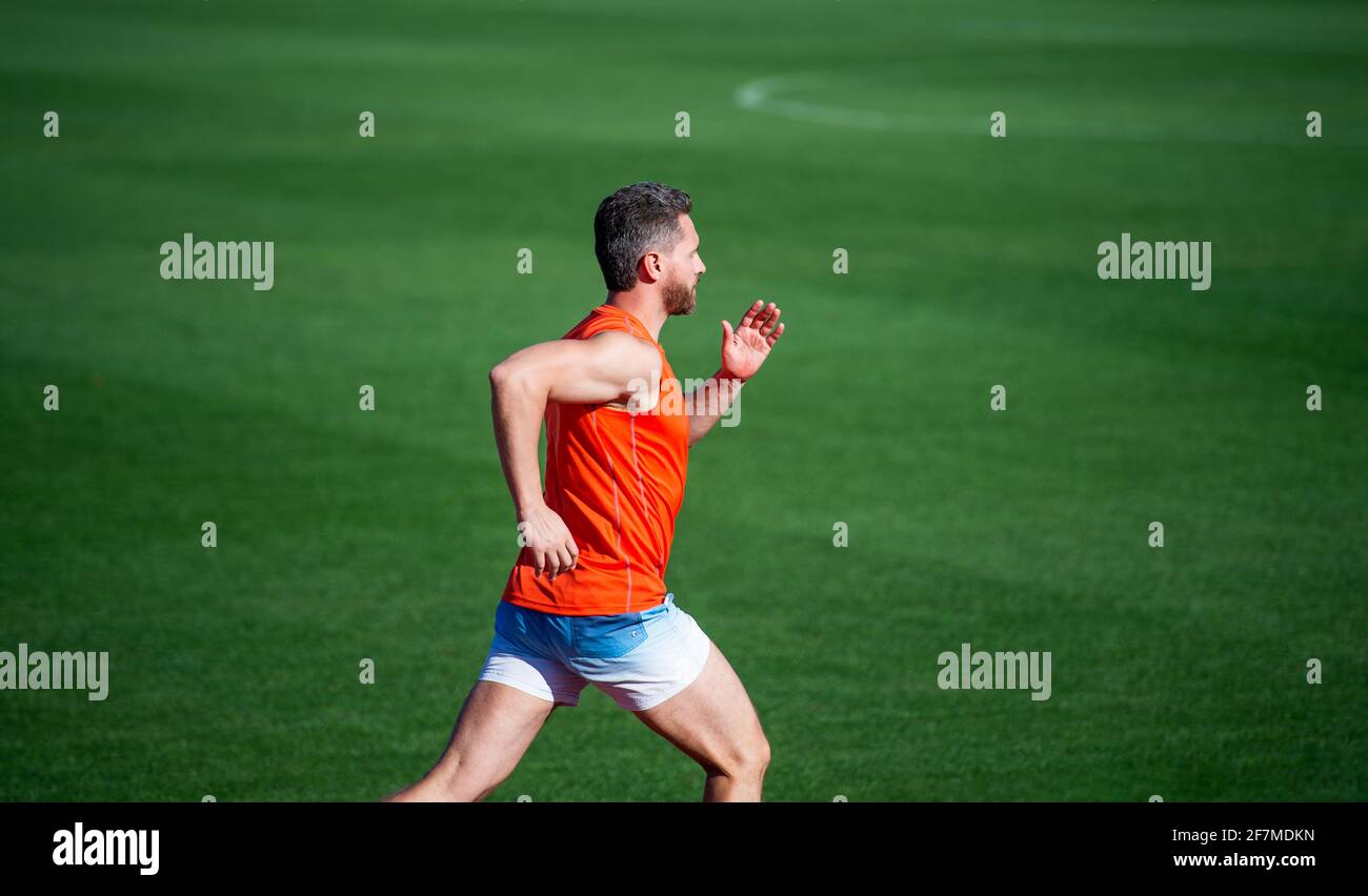 energetic athletic muscular man runner running outdoor on green grass ...
