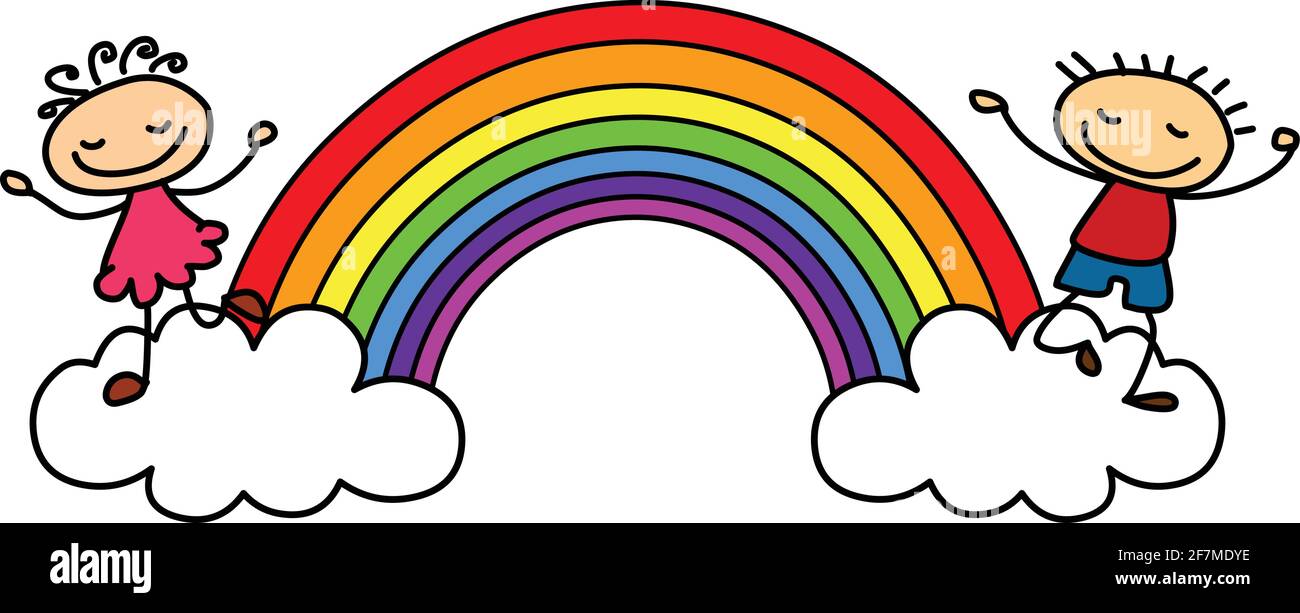 Rainbow kids cartoon, happy stick figure kids illustration Stock Vector ...