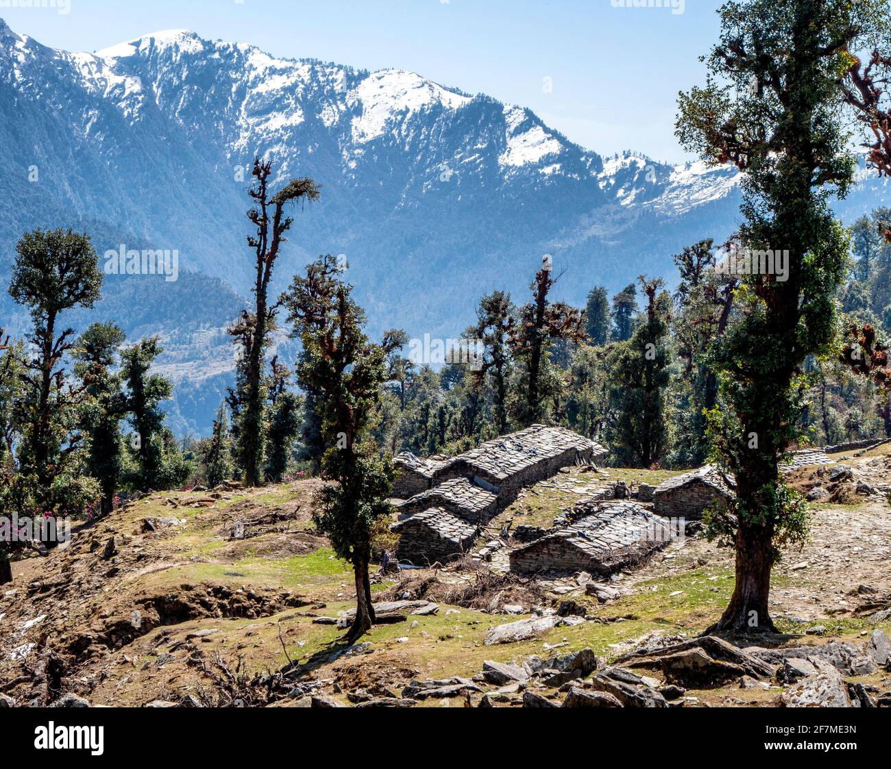 Shepherd huts high above the village of Supi in the Saryu Valley of the ...