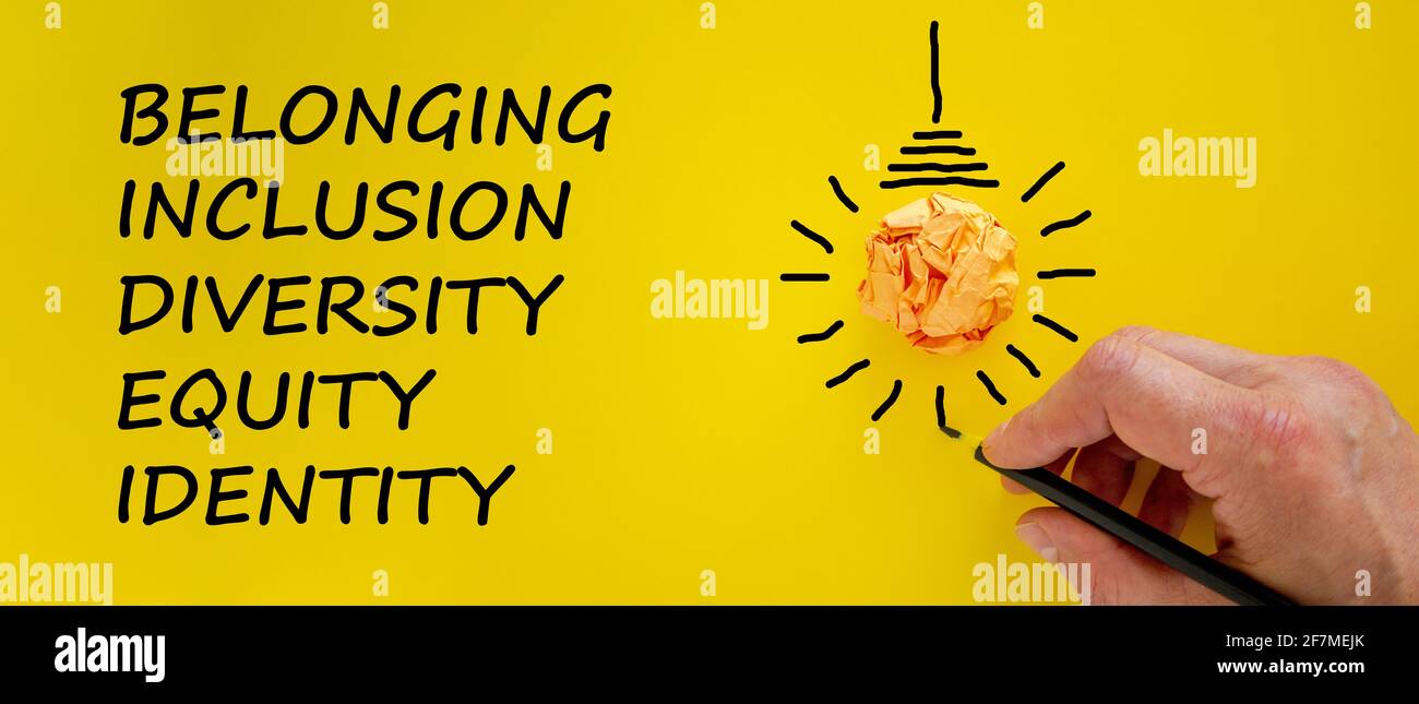 Belonging symbol. Businessman writing 'identity, equity, diversity ...