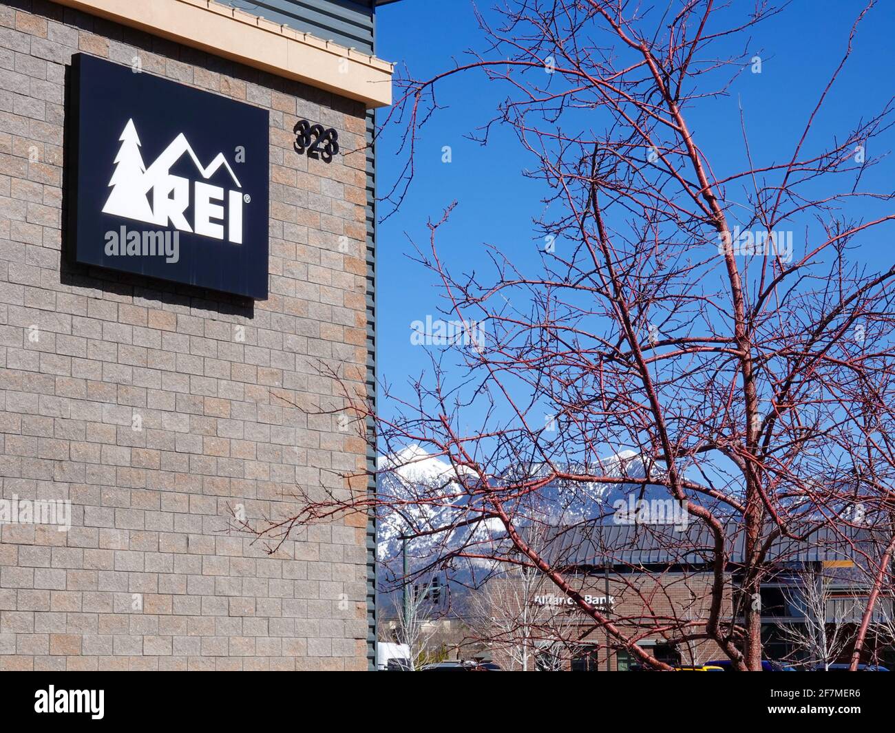 REI Co-op sign on the side of the store in Flagstaff, Arizona, USA with ...