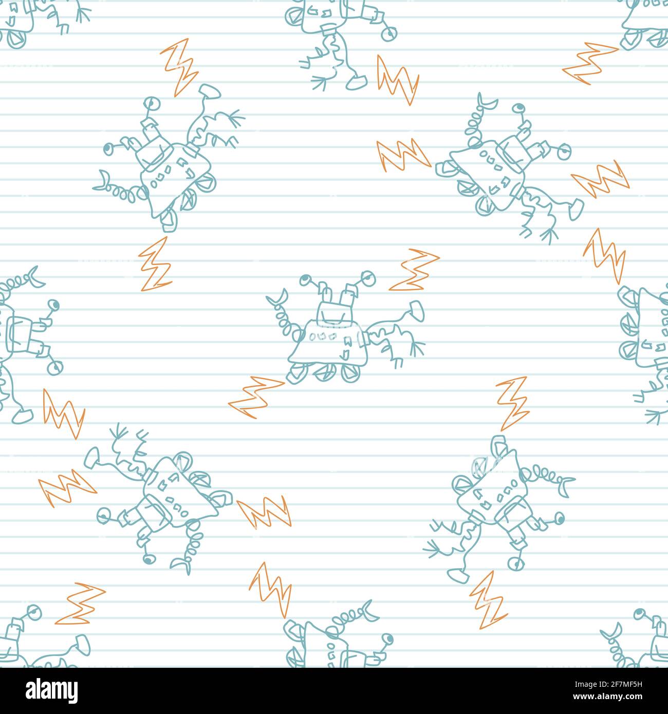 Cute crayon robot scribble kid doodle background. Hand drawn earthy ...