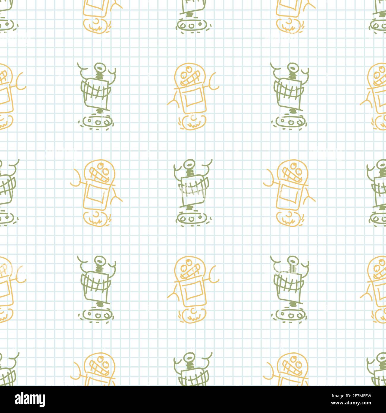 Cute crayon robot scribble kid doodle background. Hand drawn earthy ...