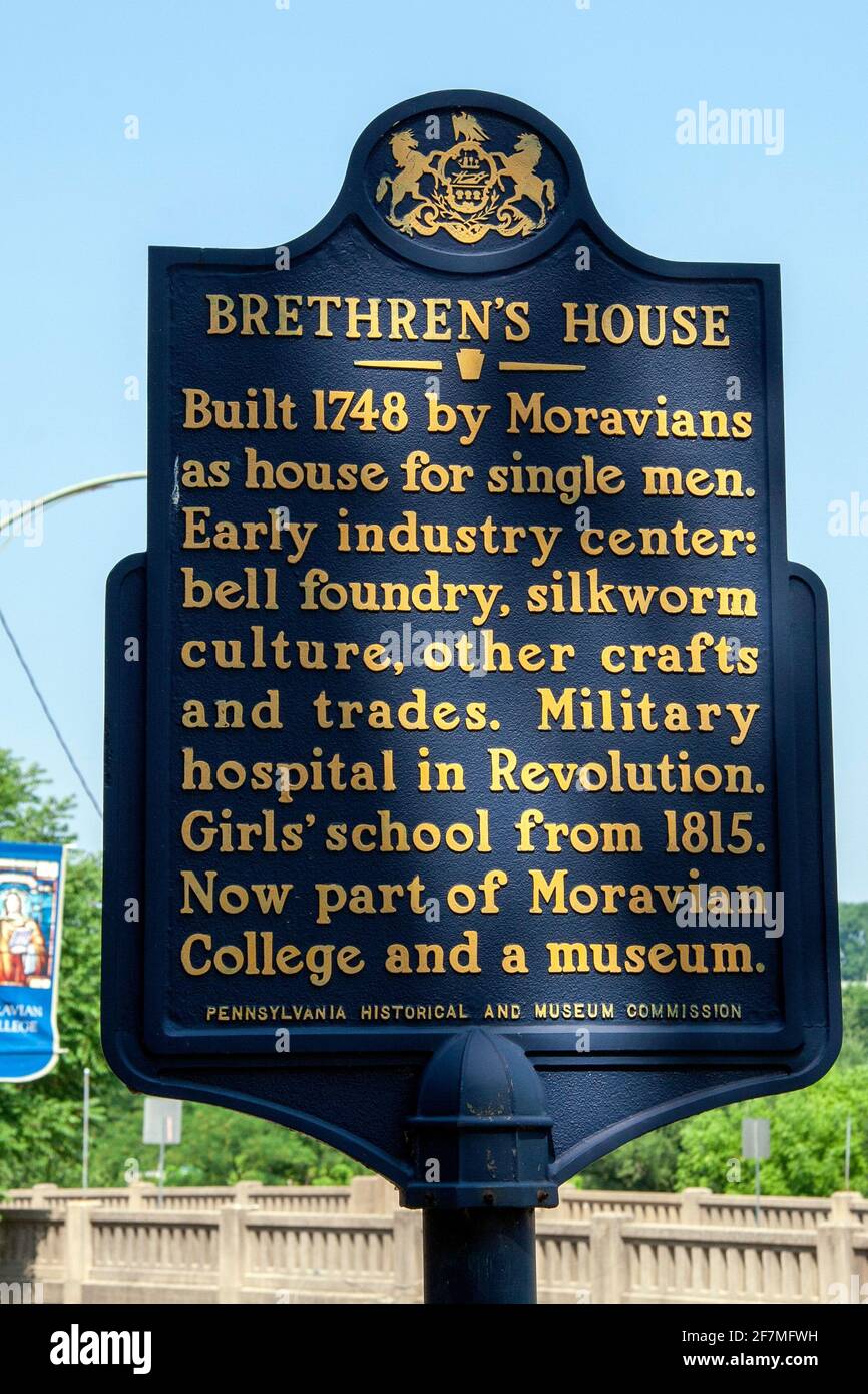 Sign commemorating the Brethren's House in Bethlehem Pennsylvania Stock ...