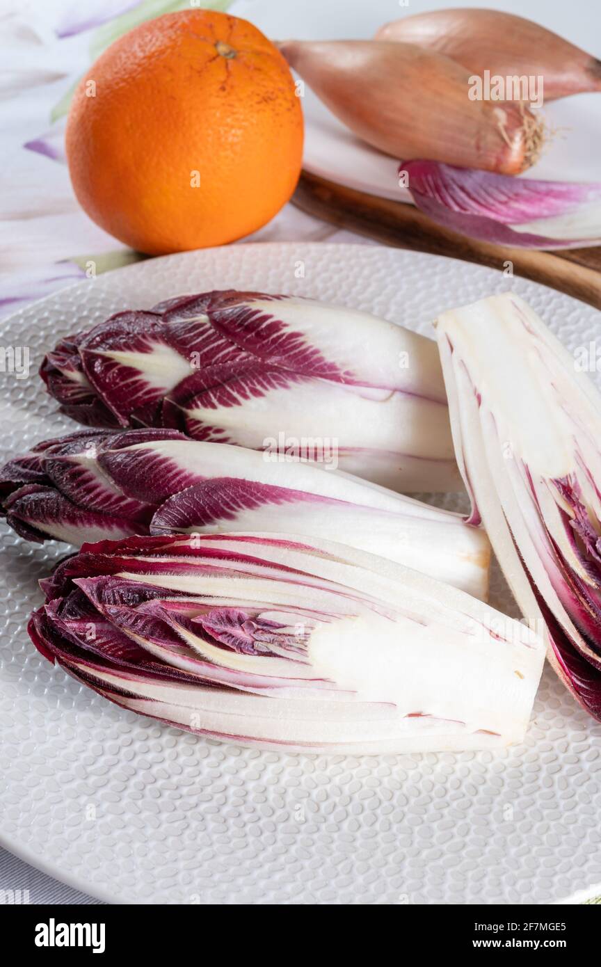 Healthy food, fresh Belgian endive red chicory lof lettuce close up ...