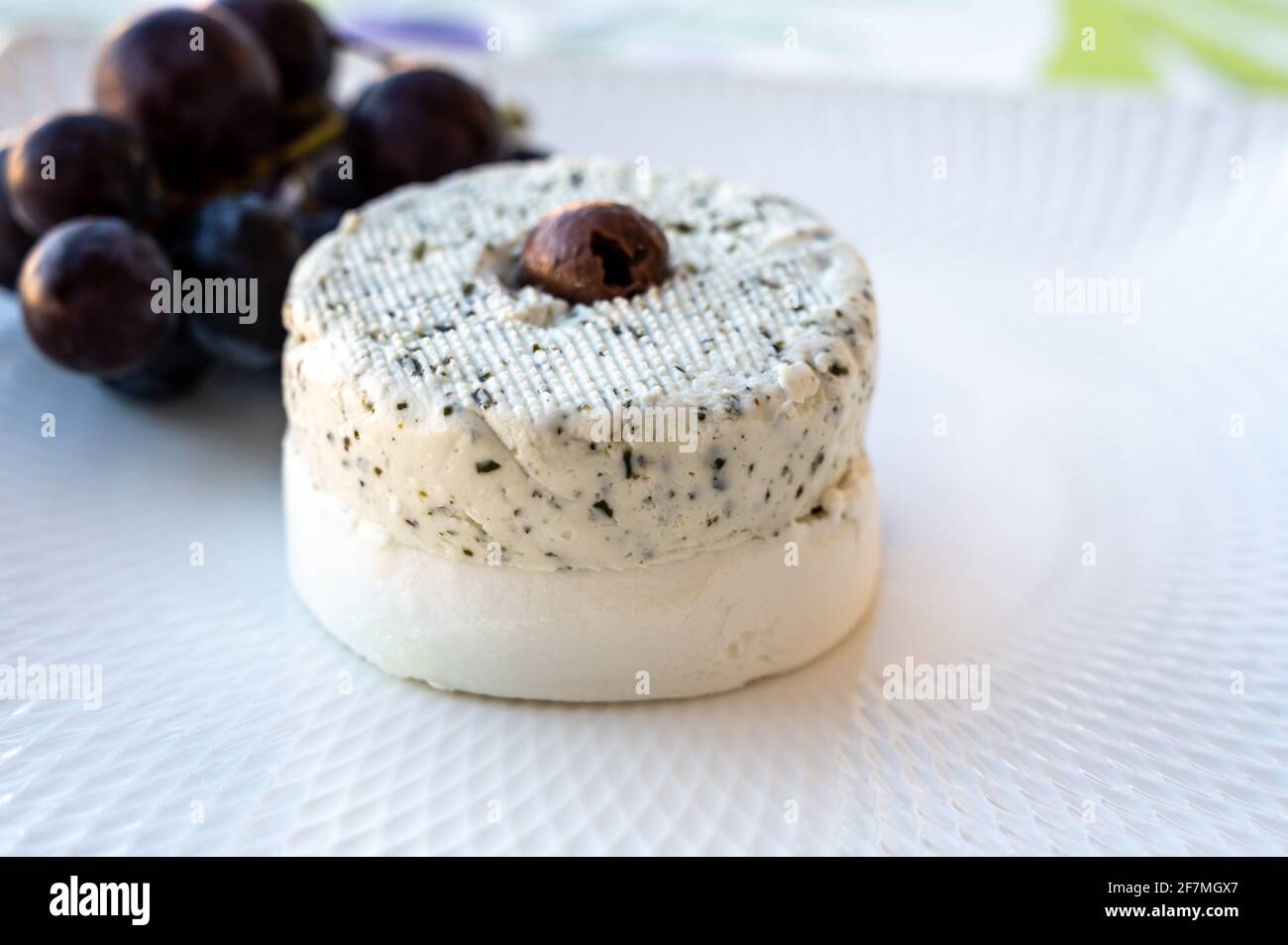 Cheese collection, French soft white goat cheese with aromatic herbs of ...
