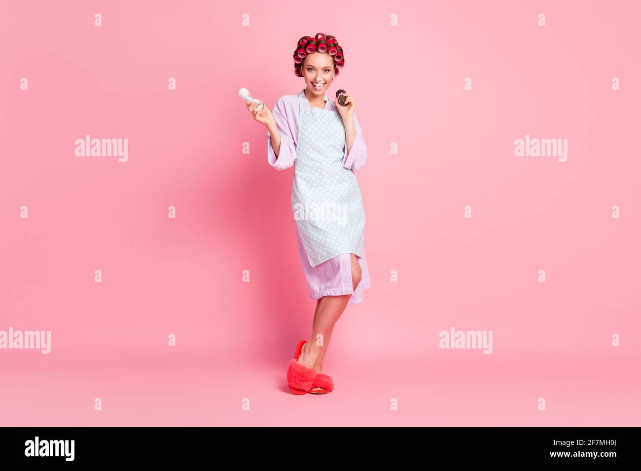 Full Length Photo Of Pretty House Wife Wear Dotted Blue Apron Red
