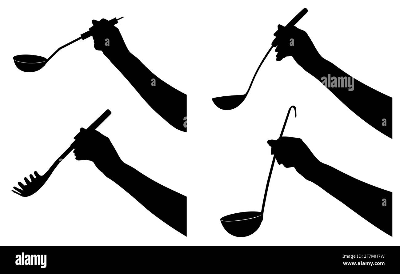 Collection of hands holding ladles isolated on white Stock Photo - Alamy