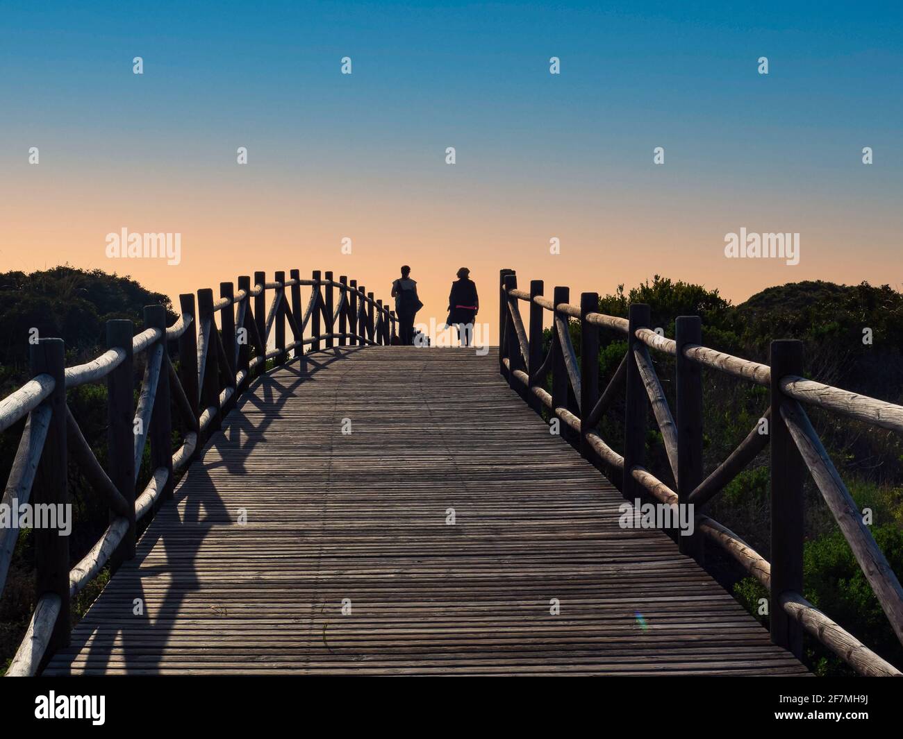 Two people walking across a wooden bridge in a public park at sunset ...