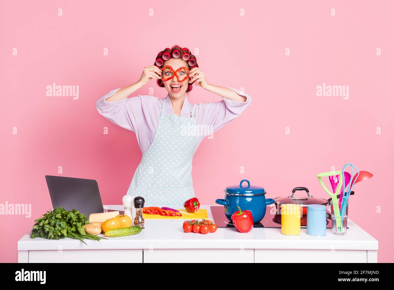 Photo of attractive lady fooling with paprika slices hands binoculars ...